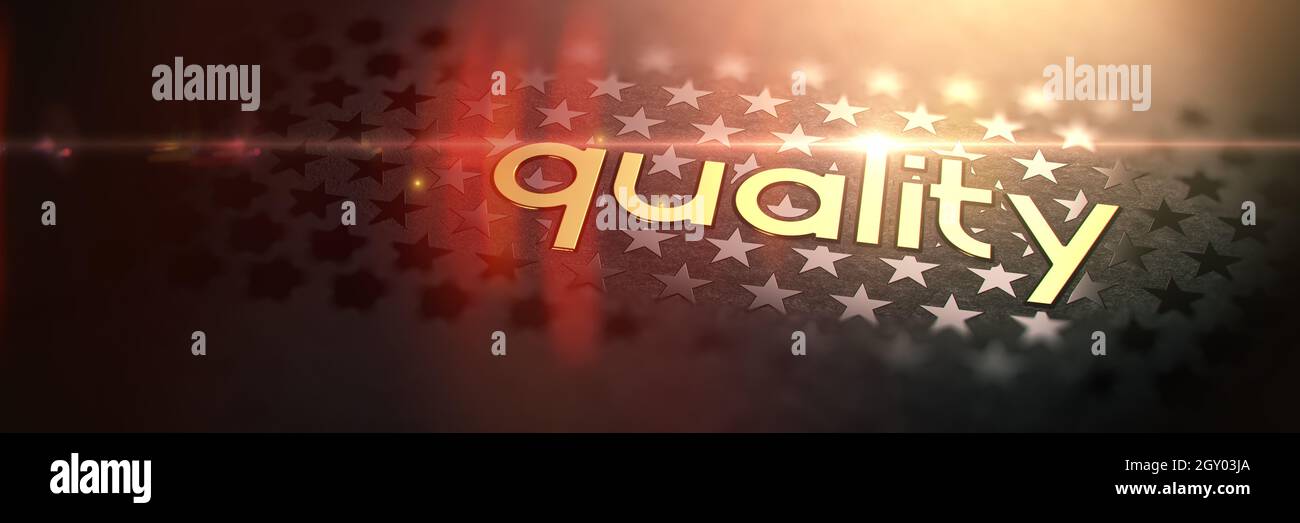 QUALITY - Luxury Gold Word on Blurred Dark Background with Stars. Shiny ...