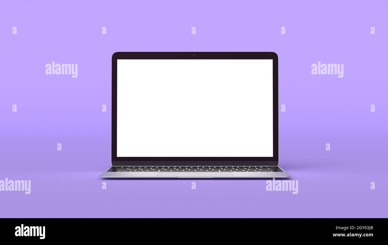 Mockup of Modern Laptop with Blank Screen on Purple Background. 3D ...