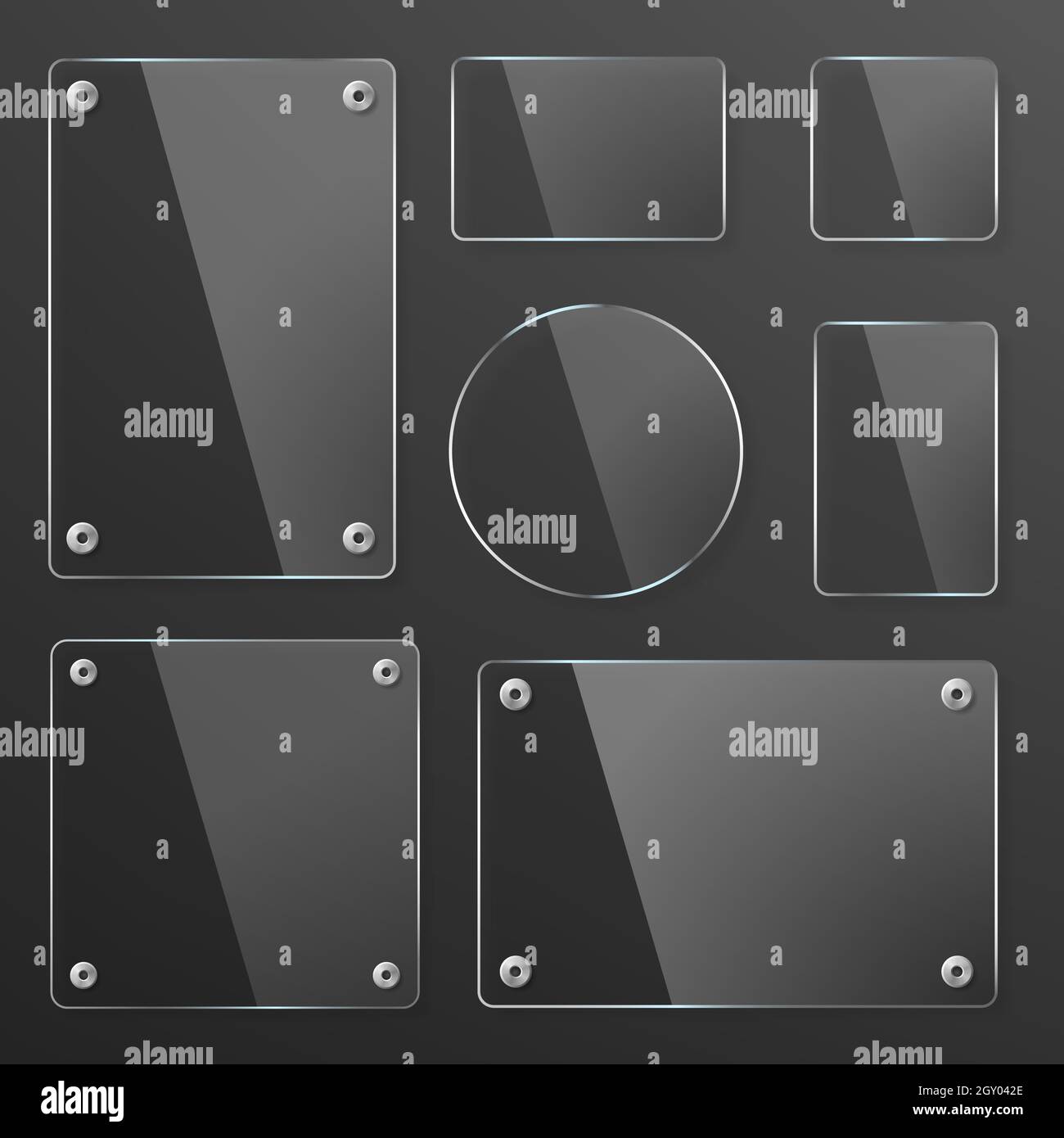 Transparent Glass plates set. Square shape, rectangle and round circle ...