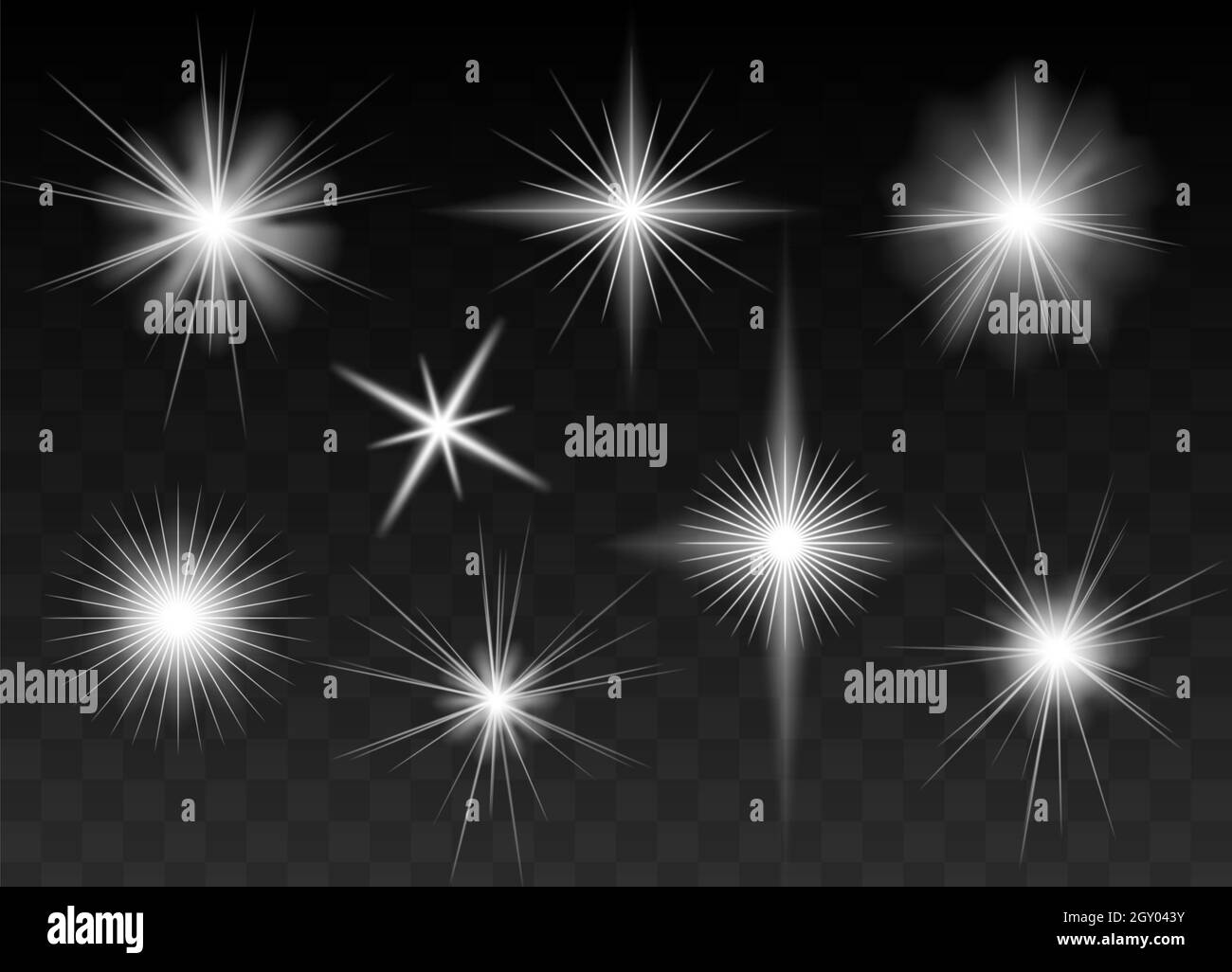 Glowing stars, sparkles, light flashes, shiny glitter set. Black half transparent background ...