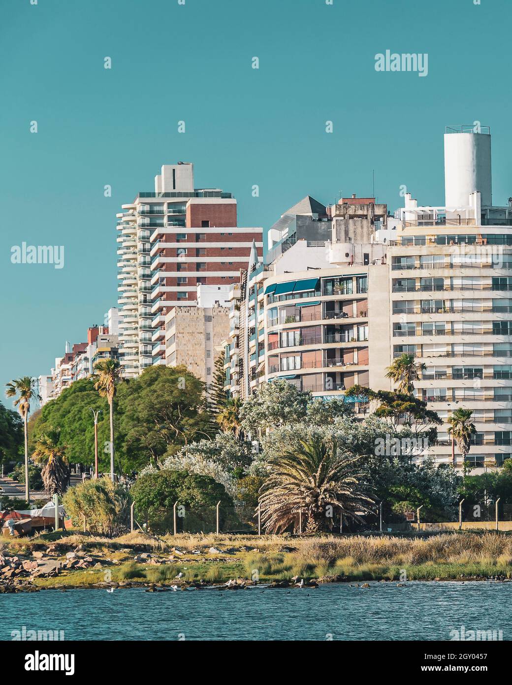 Waterfront buildings urban coastal scene at montevideo city, uruguay ...