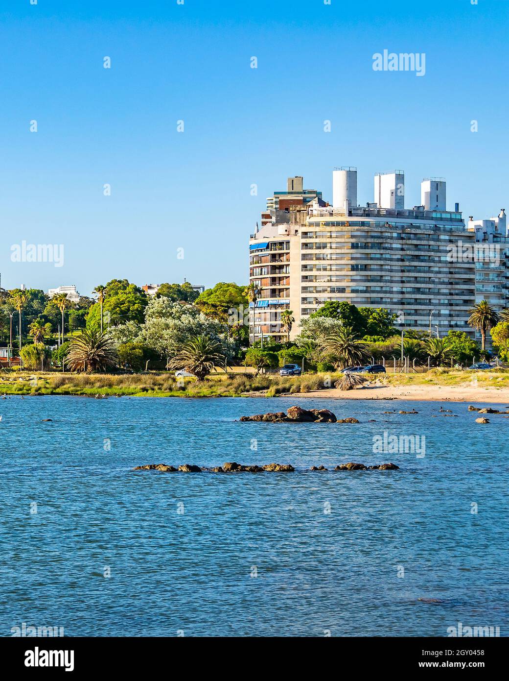 Waterfront buildings urban coastal scene at montevideo city, uruguay ...