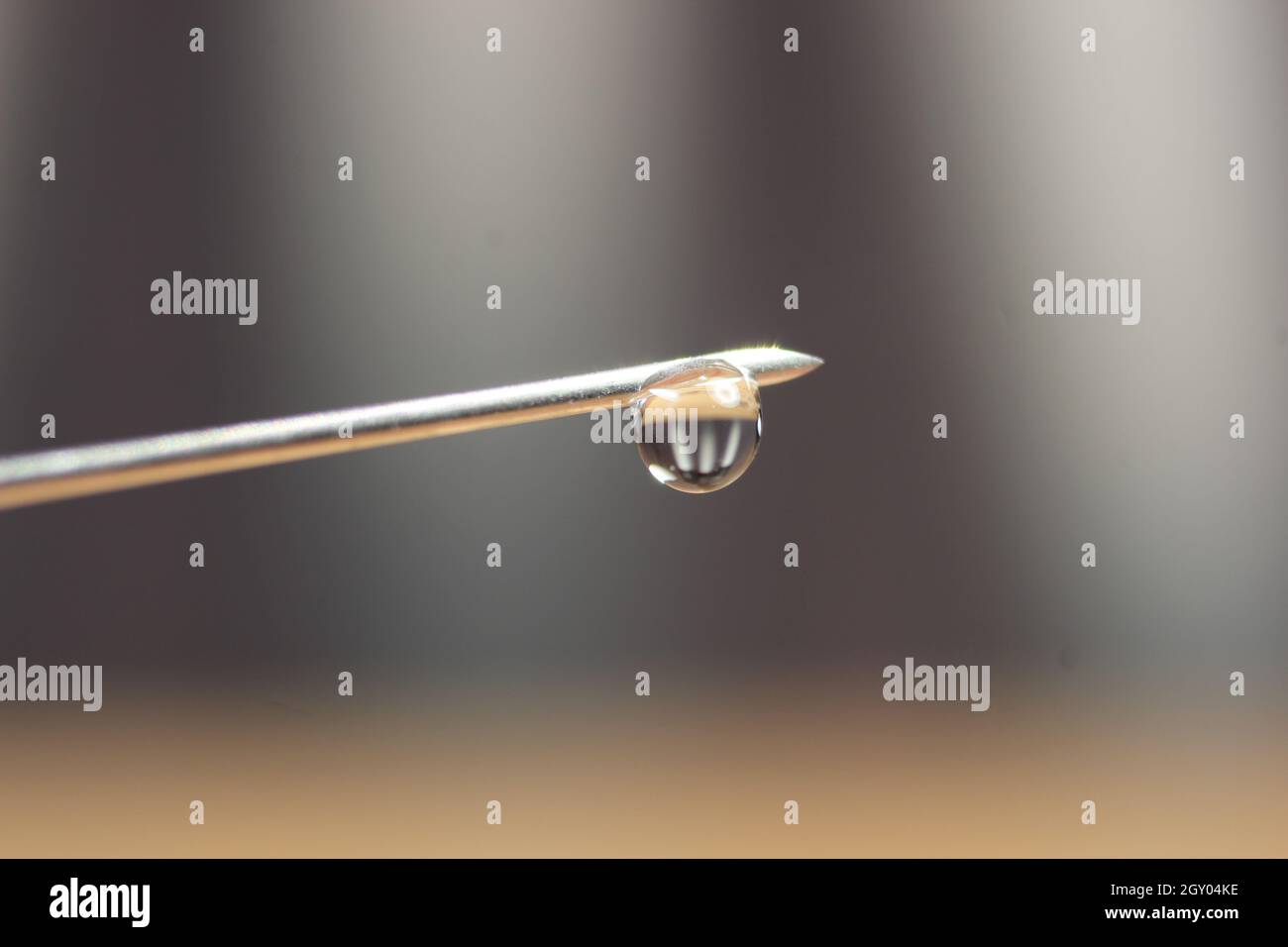 Close-up of vaccine drop on syringe needle. Water drop falling from the ...