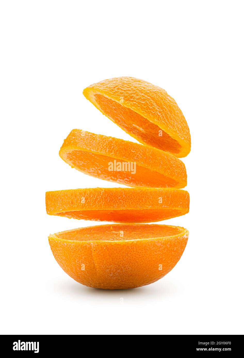 Orange fruit sliced in overlapping sections on white background Stock ...