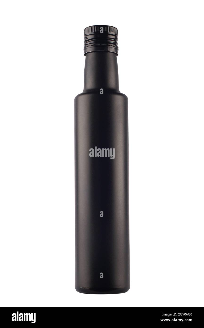 front view closeup of black long thin bottle with metallic screw cap ...