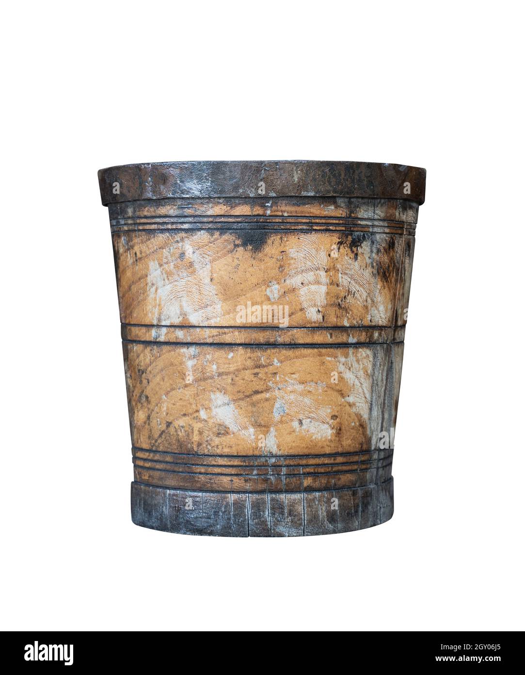 front view closeup of aged wooden bucket with metal rings isolated on ...