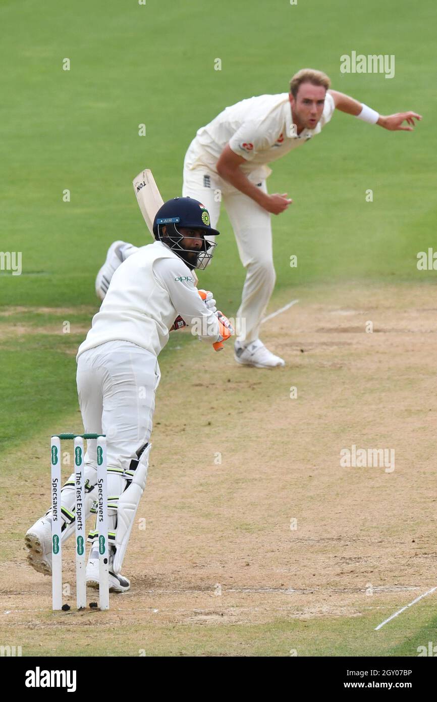 India’s Ravindra Jadeja bats during the test match at The Kia Oval ...