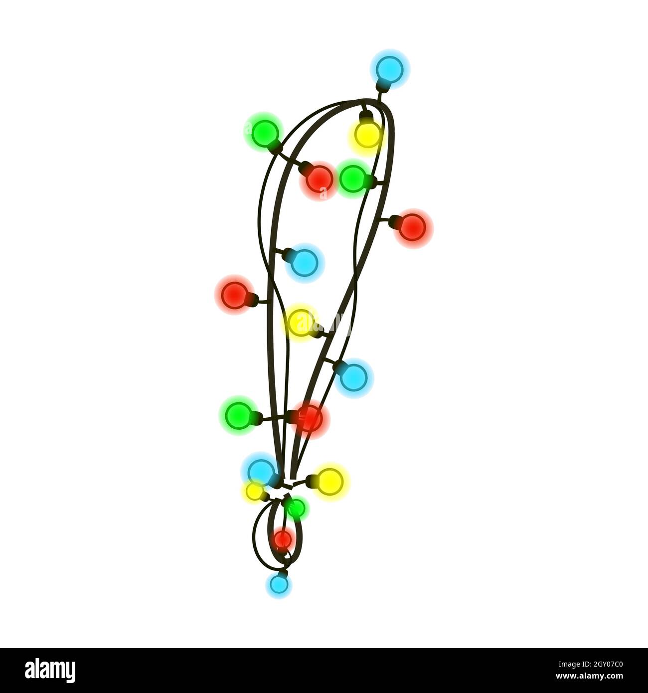 Holiday garland exclamation mark isolated on white. Colored light bulbs ...
