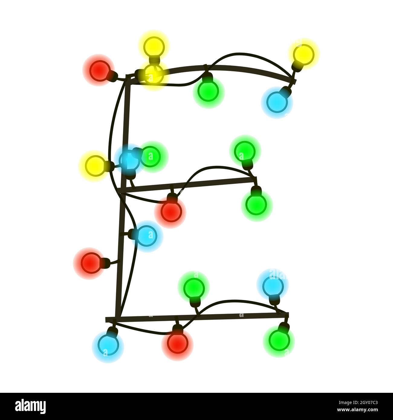Capital letter E from garland isolated on white. Colored light bulbs on ...