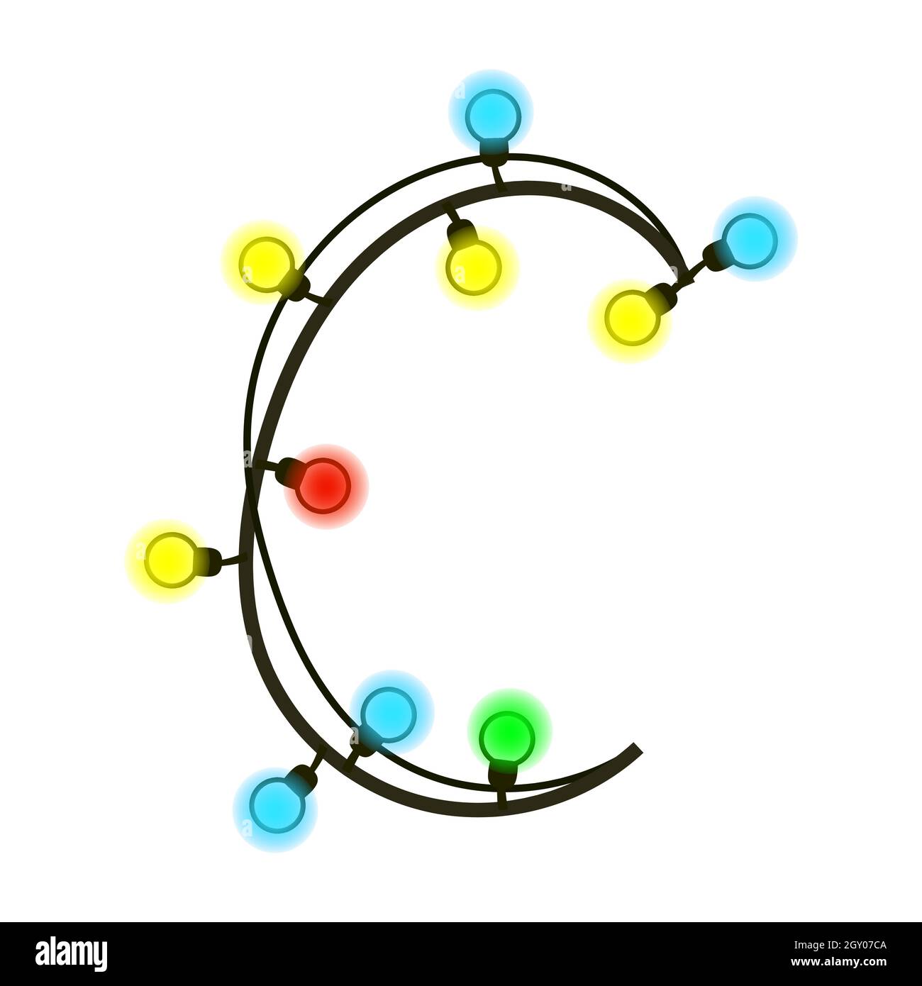 Capital letter C made from garland isolated on white. Colored light ...