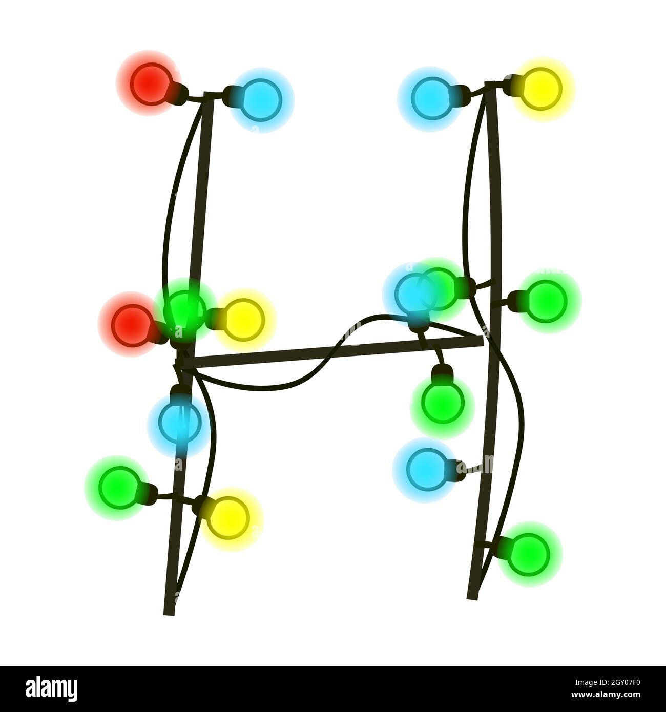 Capital letter H from garland isolated on white. Colored light bulbs on ...