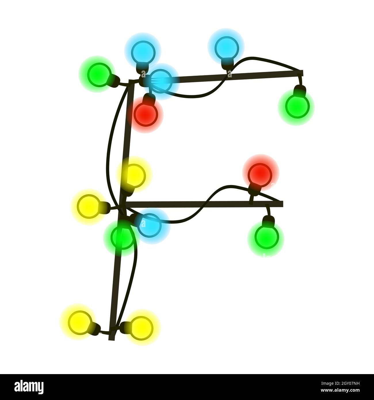 Capital letter F from garland isolated on white. Colored light bulbs on ...