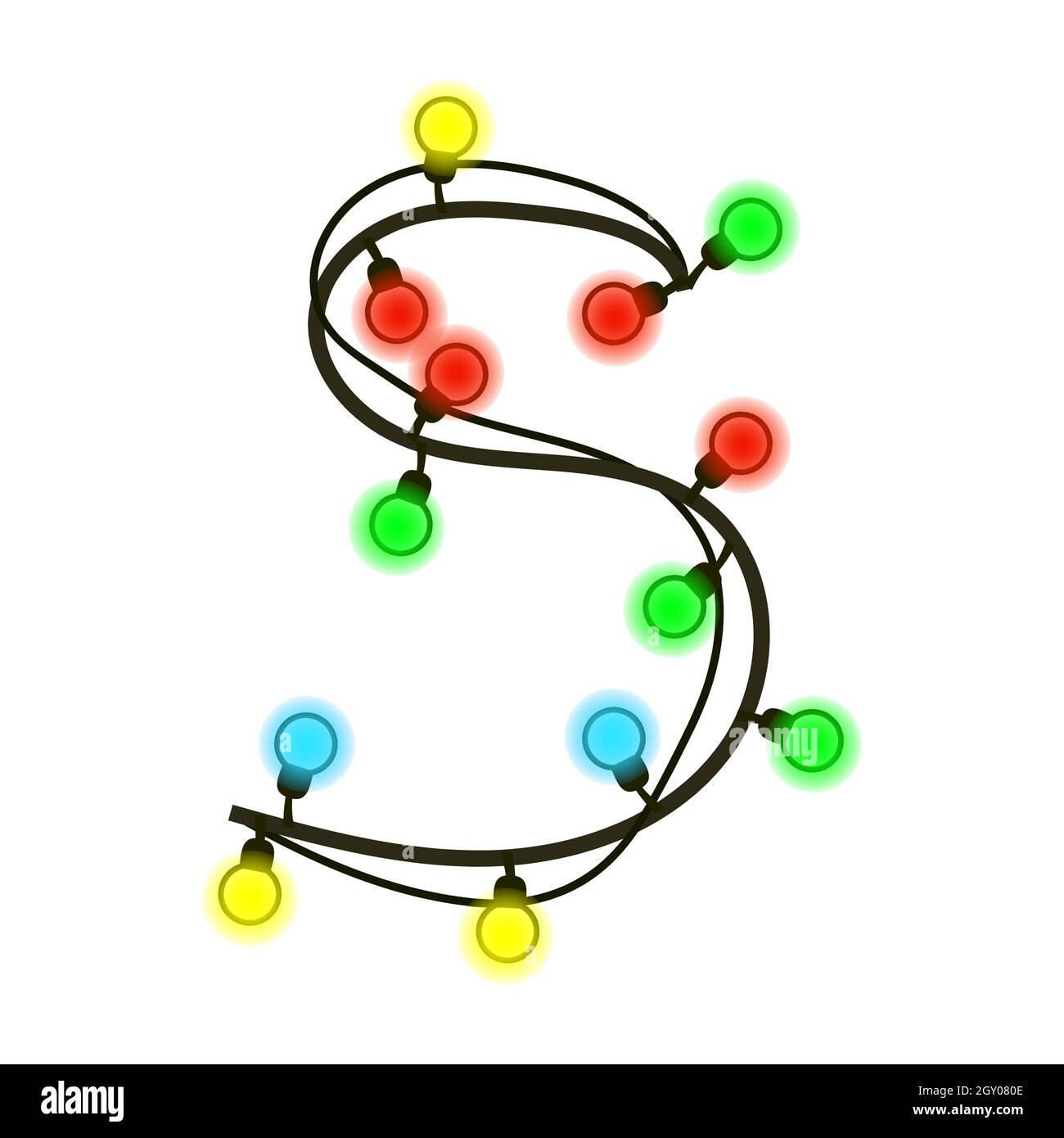 Capital letter S from garland isolated on white. Colored light bulbs on ...