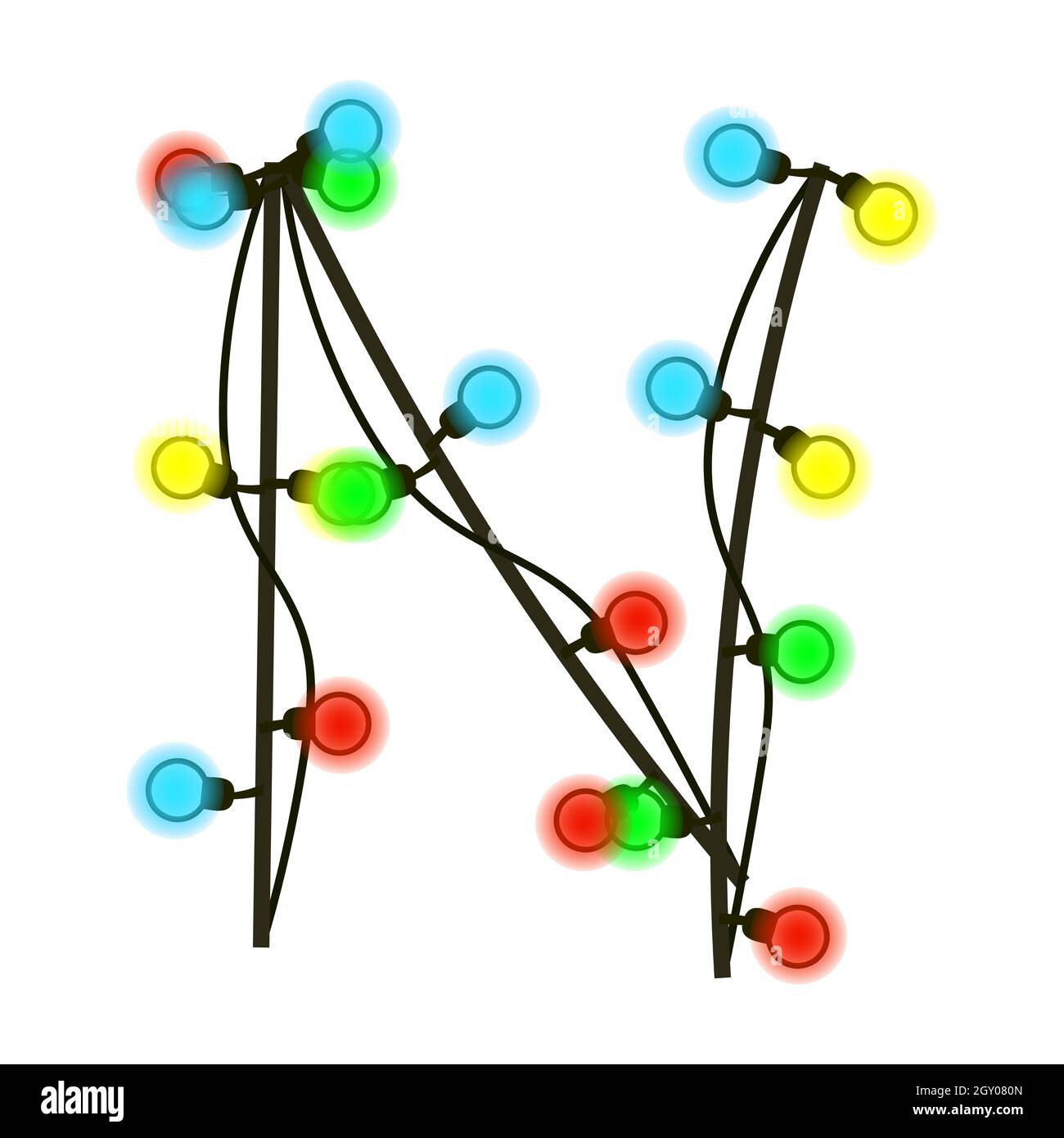Capital letter N from garland isolated on white. Colored light bulbs on ...