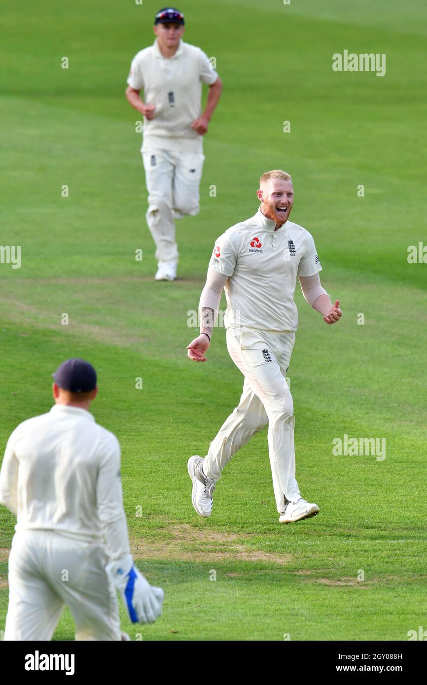 England’s Ben Stokes celebrates taking the wicket of India’s captain ...