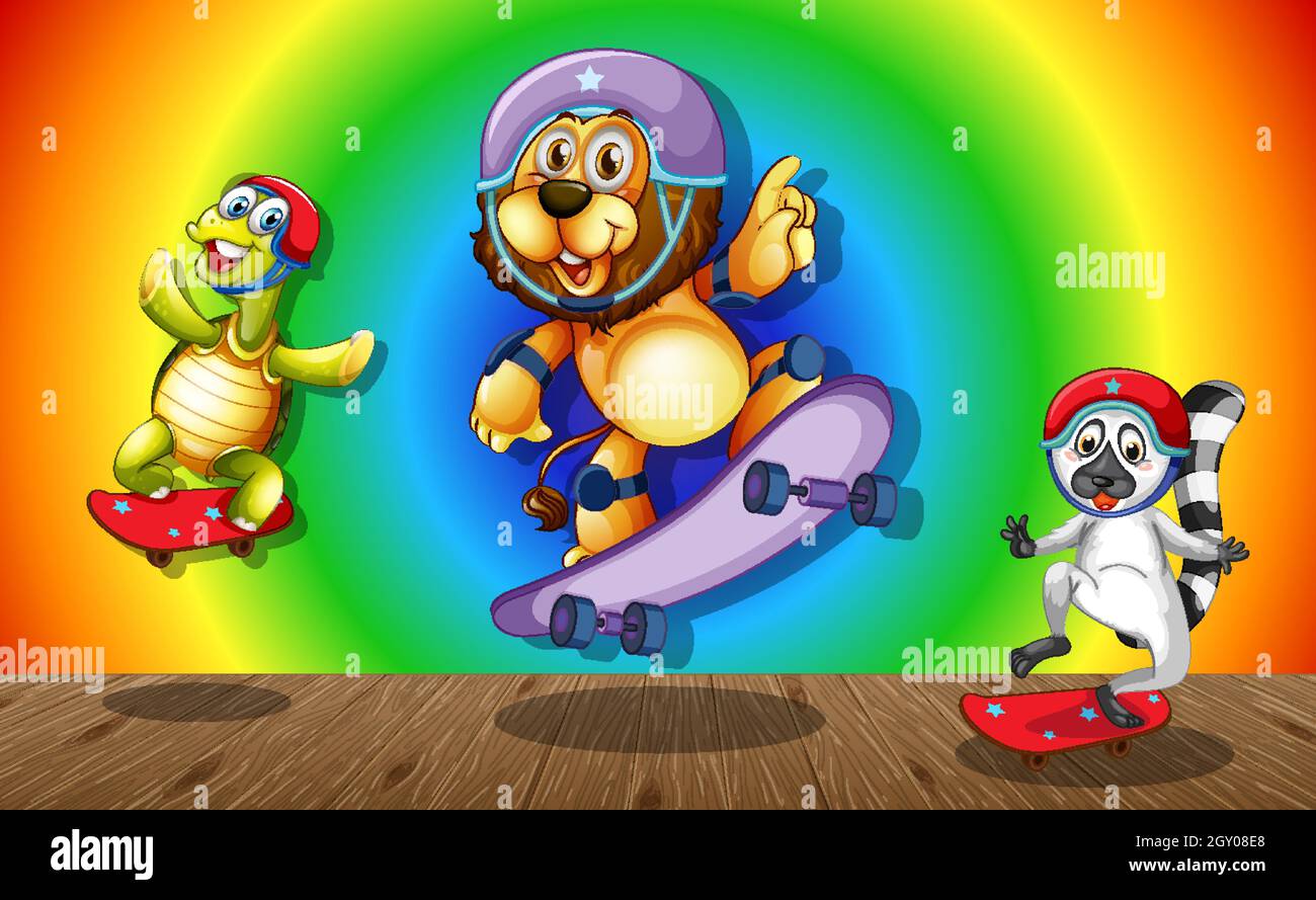 Funny animals doing different activities on rainbow gradient background ...
