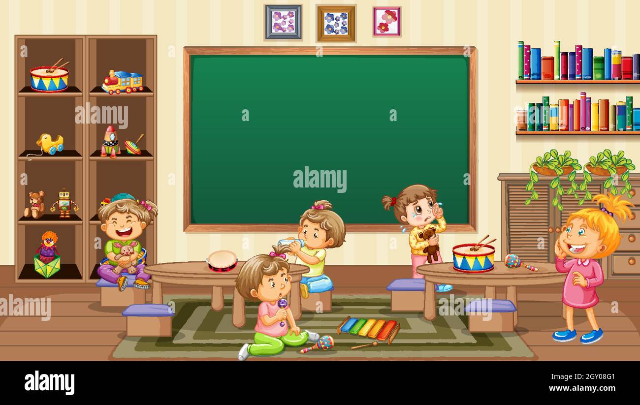 Nursery school scene with many little kids illustration Stock Vector ...