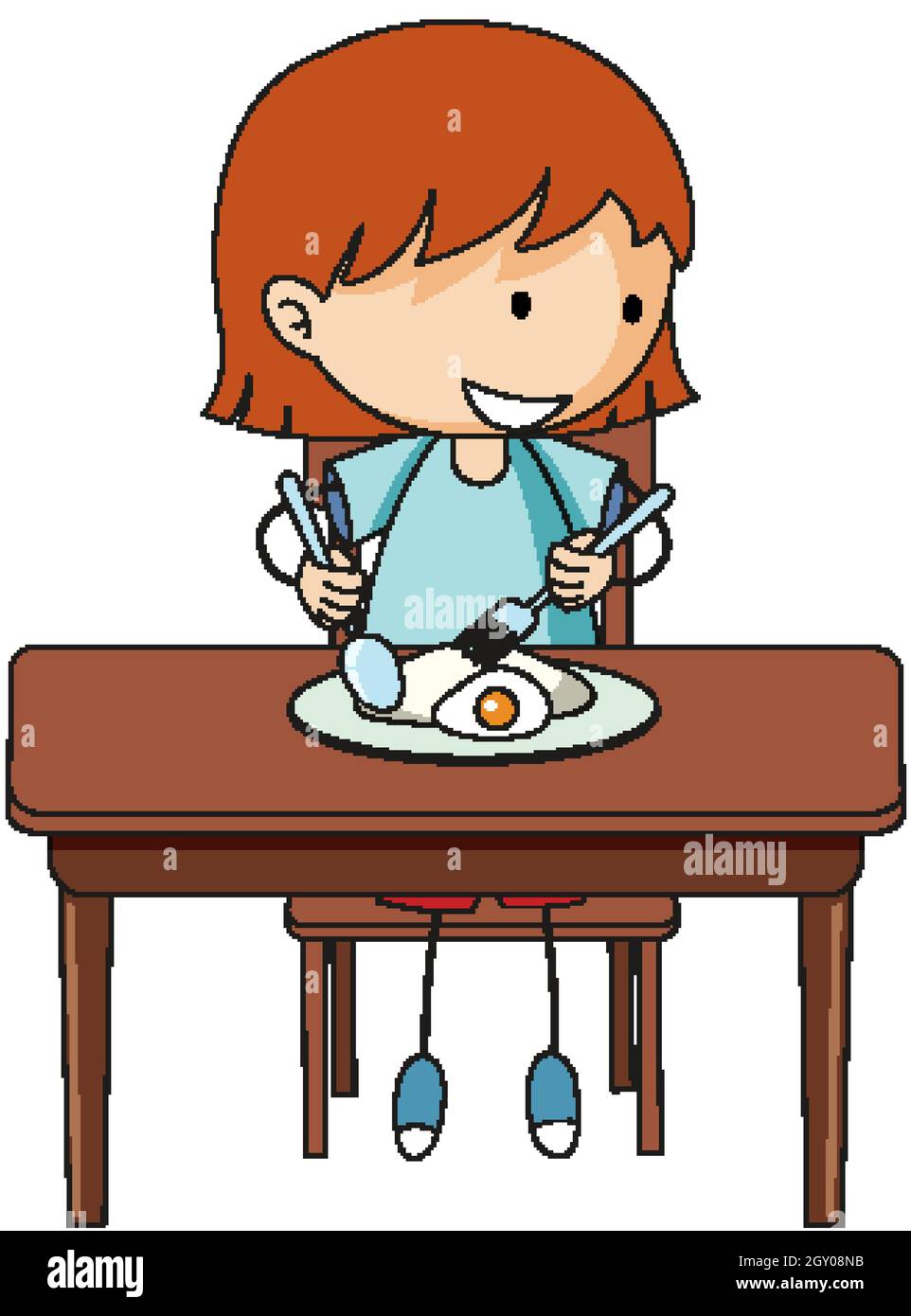 A girl having breakfast doodle cartoon character isolated illustration ...