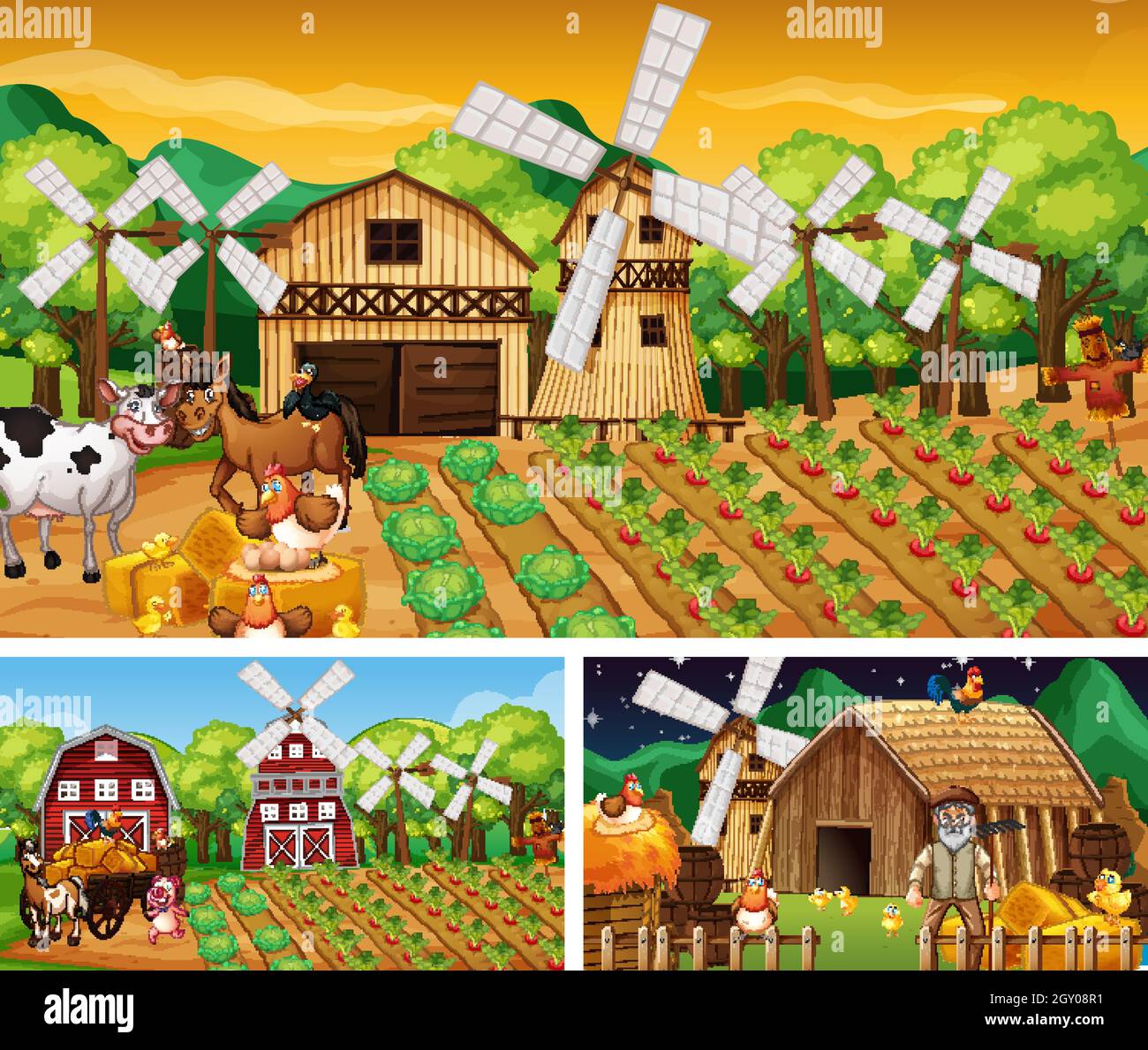 Set of farm scenes at different times illustration Stock Vector Image ...