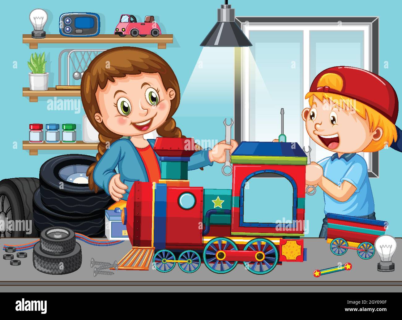 Children repairing train toy together with many tools illustration ...