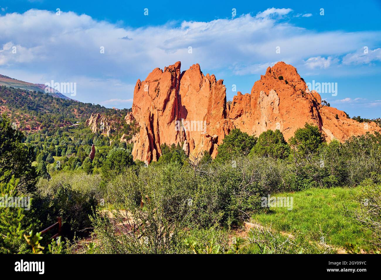 Landscape of desert plants and large pillars of red rock Stock Photo ...