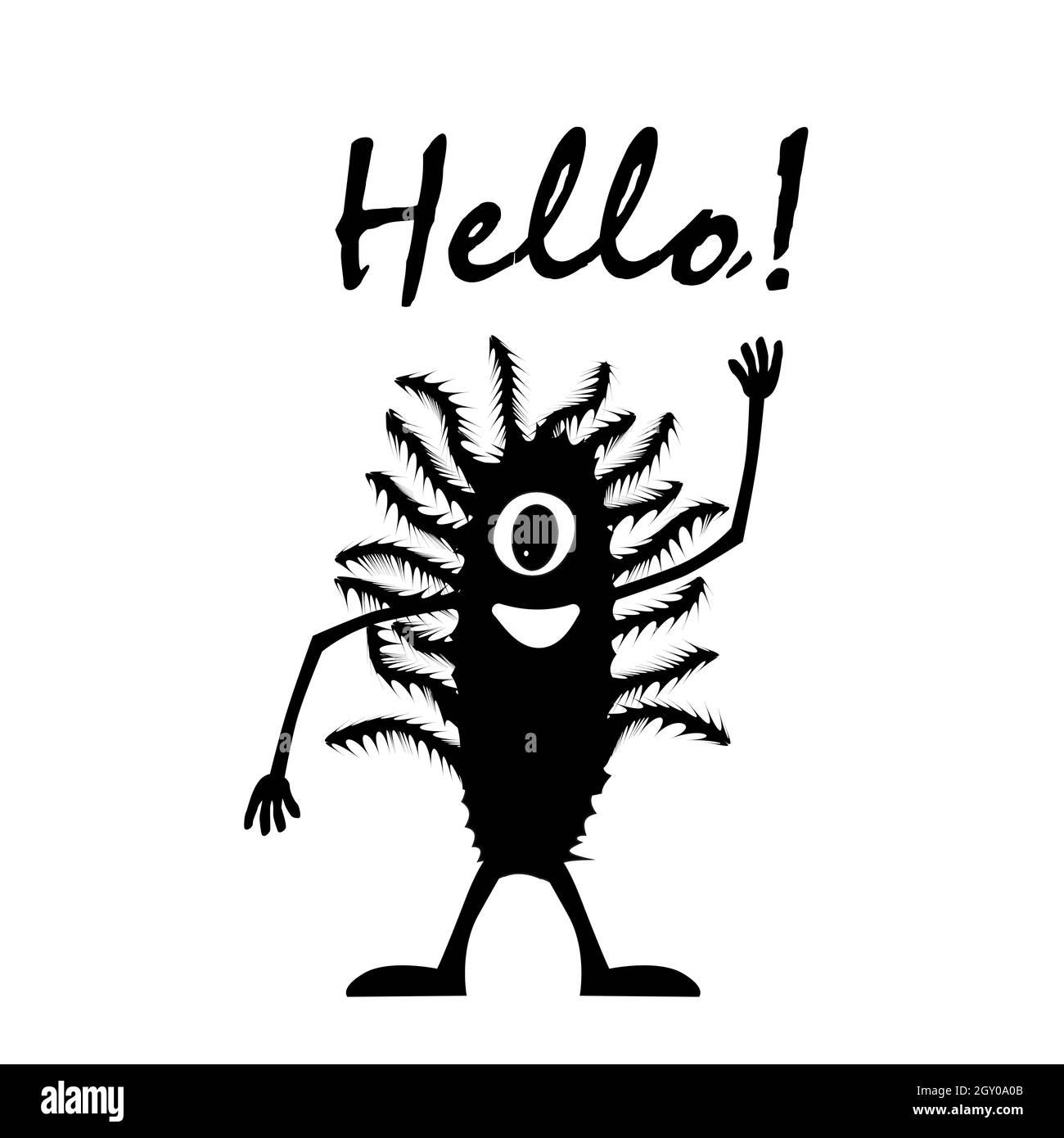 Silhouette of a funny one-eyed creature with a hand raised in greeting ...