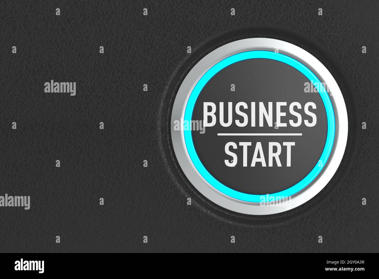 push button with text business start on dark background. 3D ...