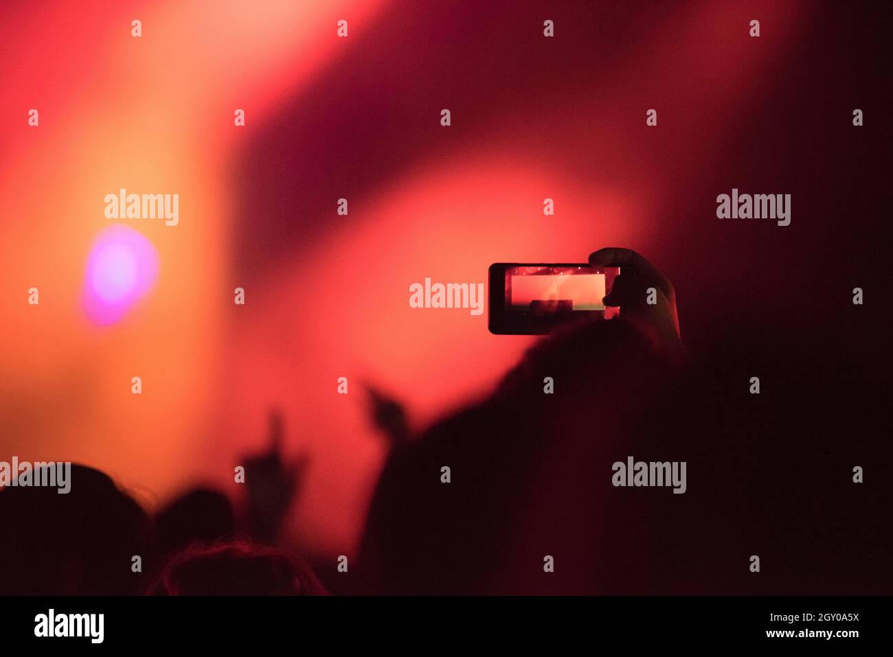 Hand holding smart phone at live music festival. Concert stage lights ...