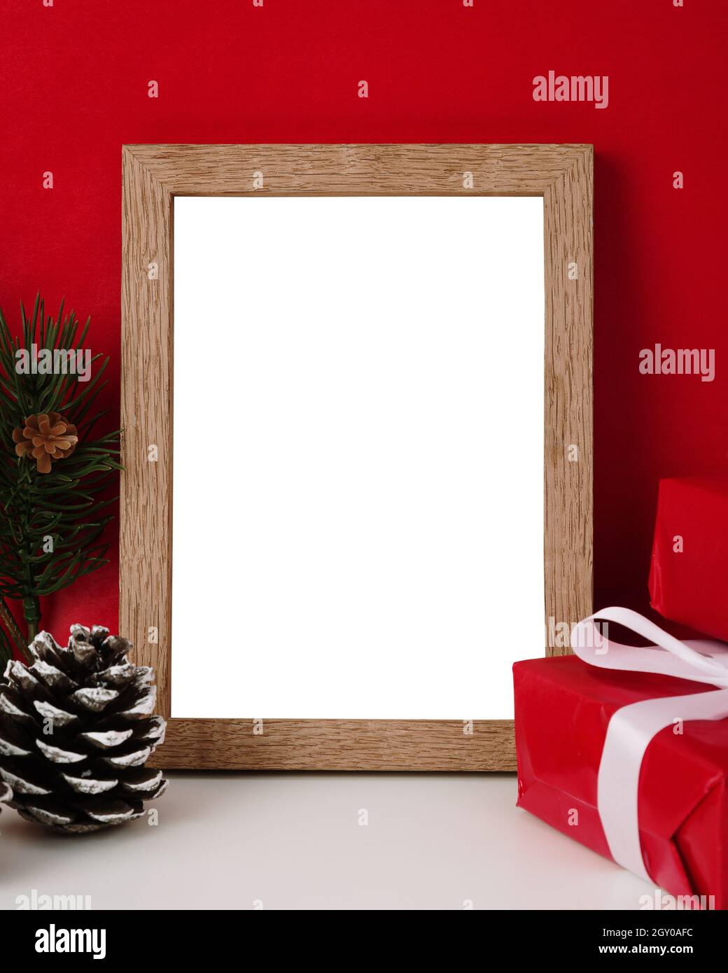 Blank wooden photo frame mockup template and christmas decoration on ...