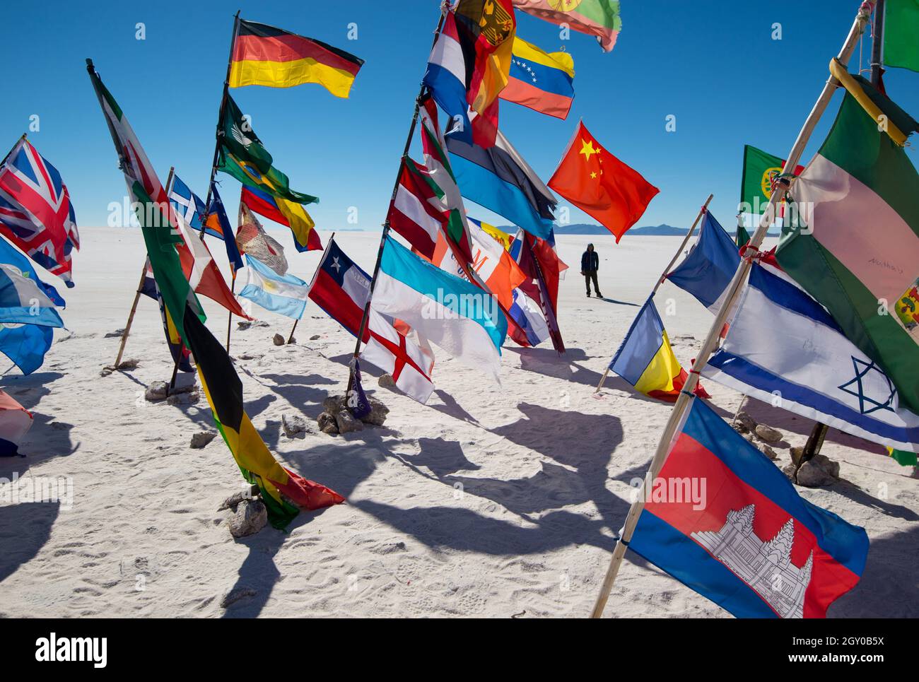 Colorful flags from all over the world at Uyuni Salt Flats, Bolivia ...