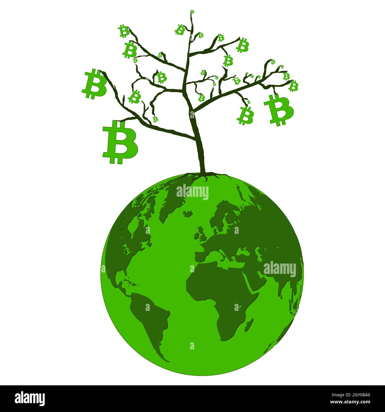 Bitcoin growth concept on planet Earth isolated on white. Tree with ...