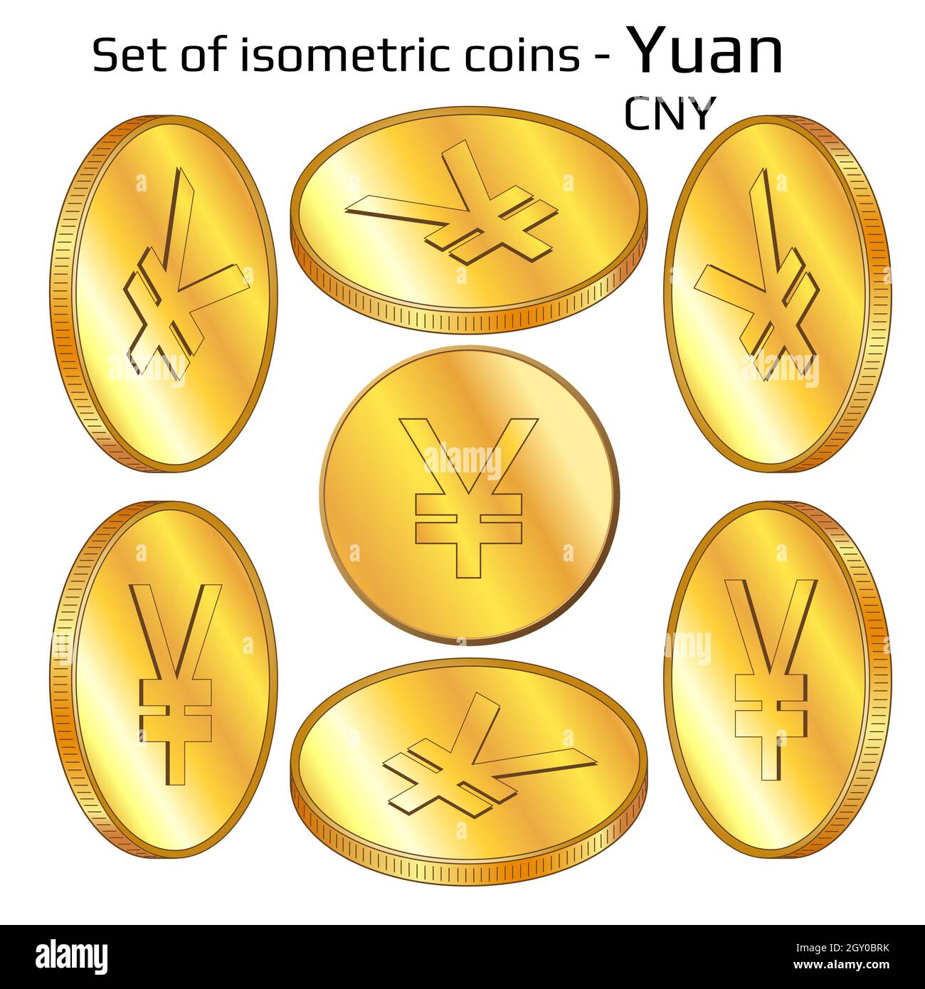 Set of gold digital coins Yuan CNY in isometric view isolated on white ...