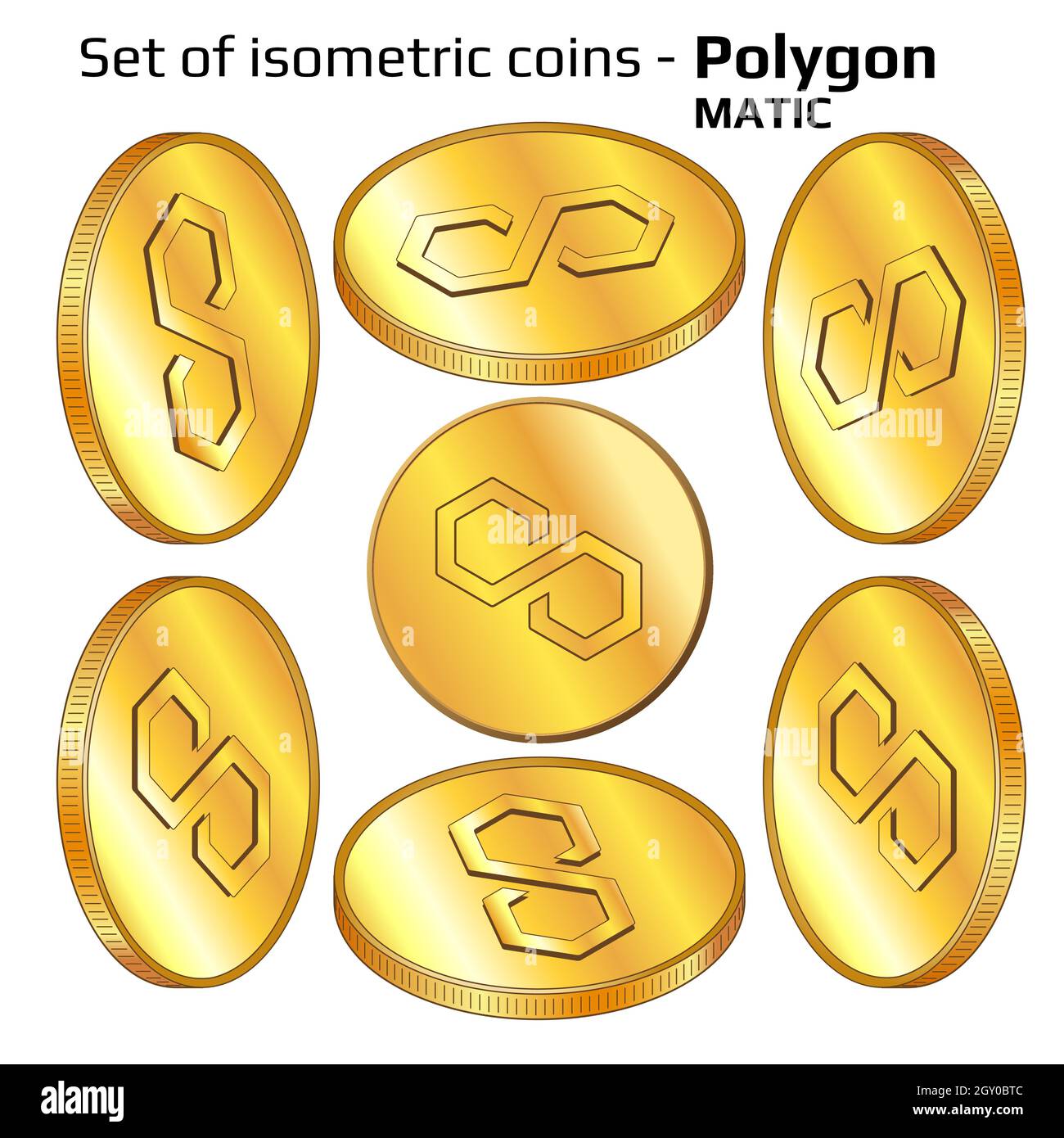 Set of gold coins Polygon MATIC in isometric view isolated on white ...