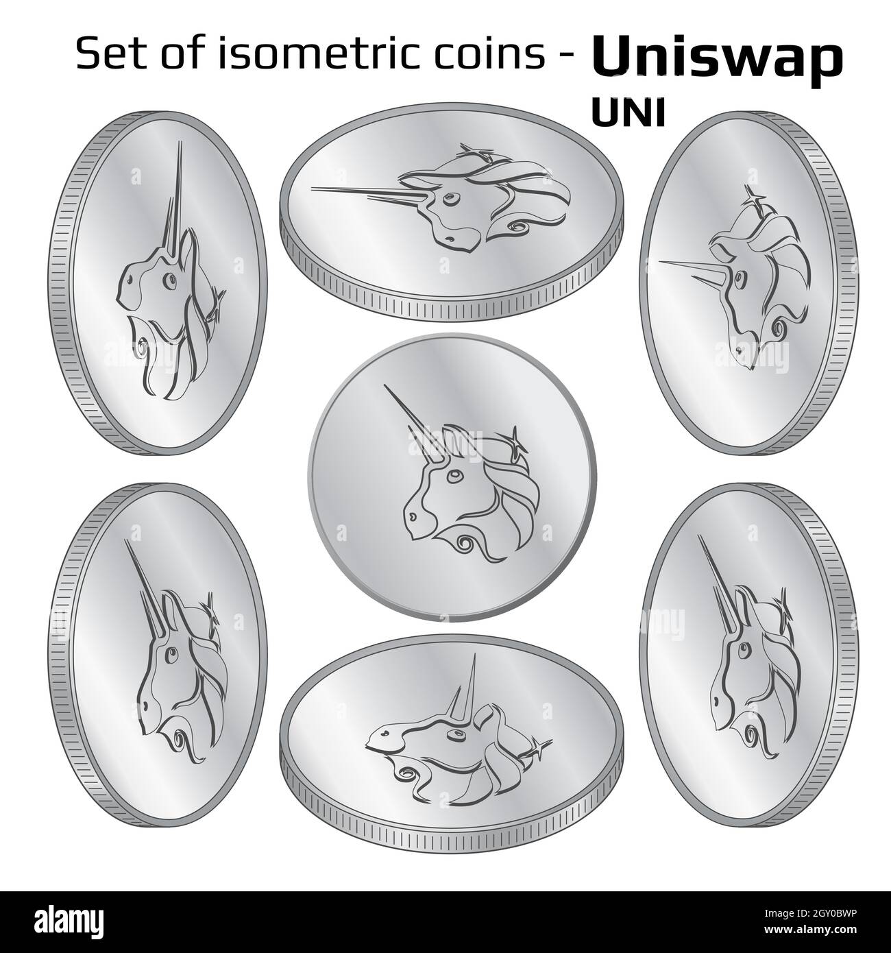 Set of coins Uniswap UNI in isometric view in black and white isolated ...