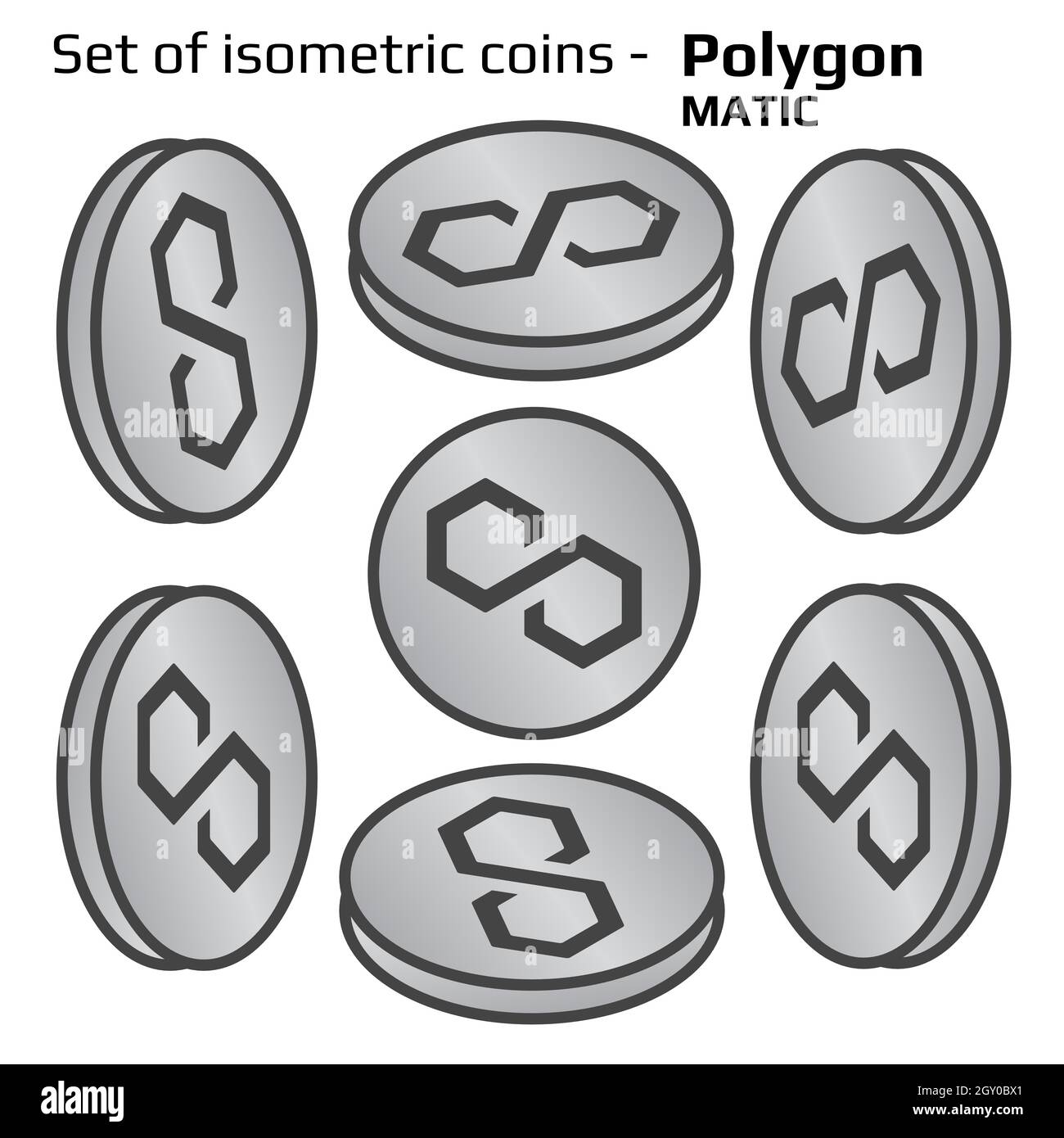Polygon MATIC set of simple coins in isometric view in black and white ...