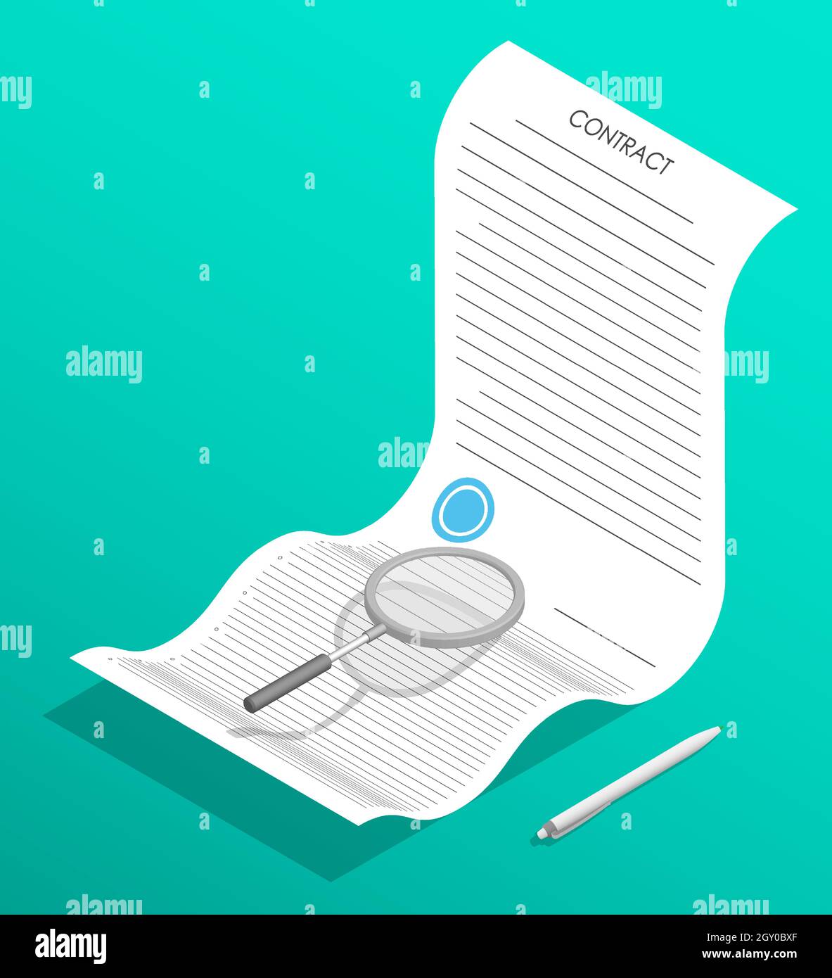 Isometric concept. Paper contract with magnifying glass, document with ...