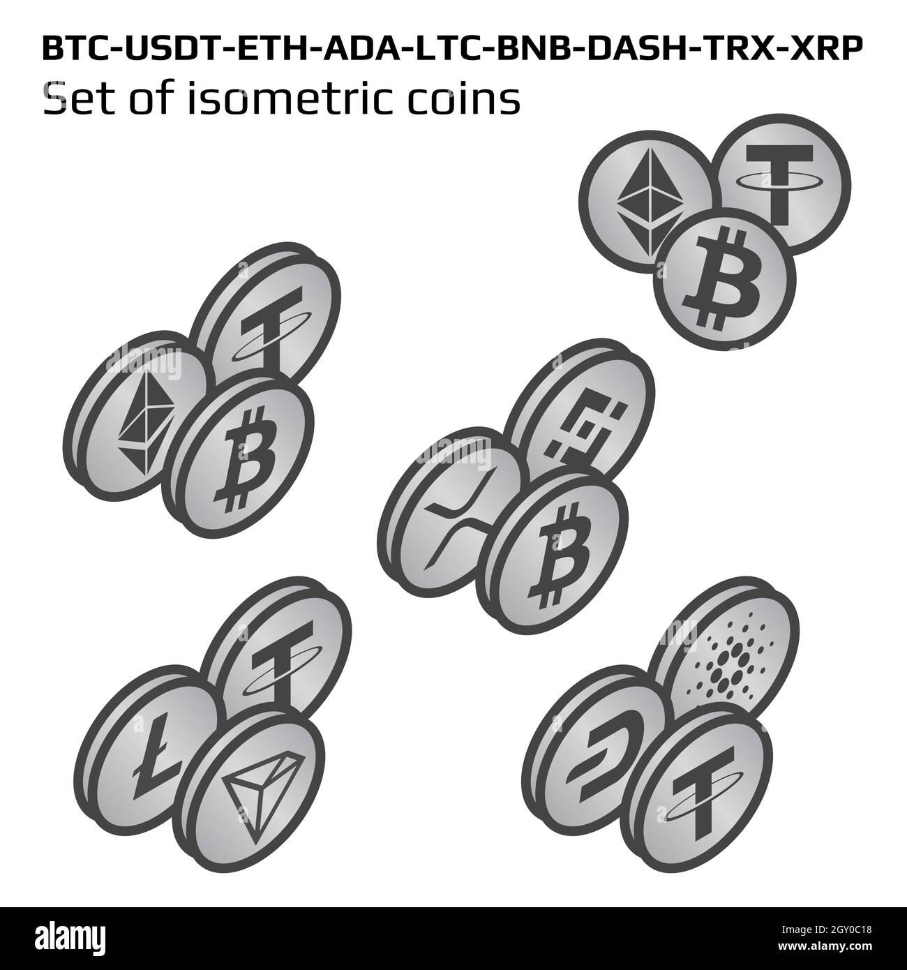 Set of isometric main cryptocurrency coins in bw isolated on white on ...