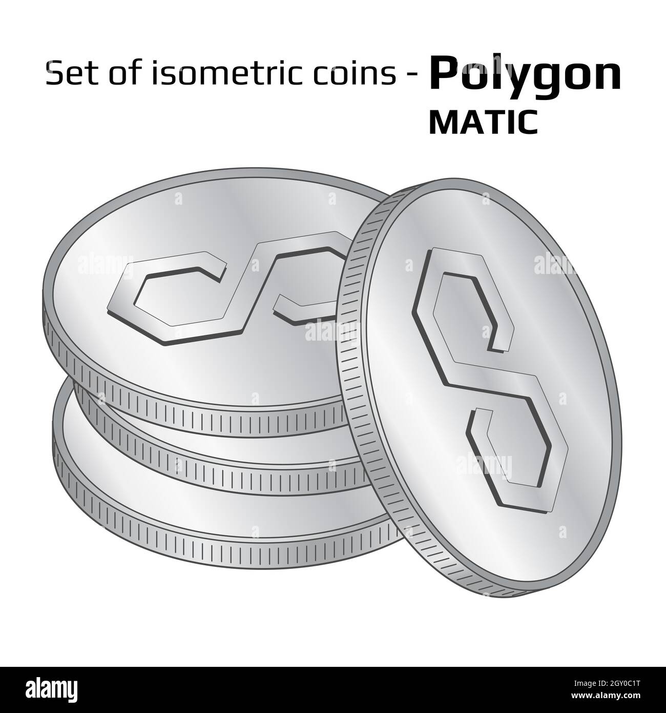 Set of coins in stack Polygon MATIC in isometric view in black and ...