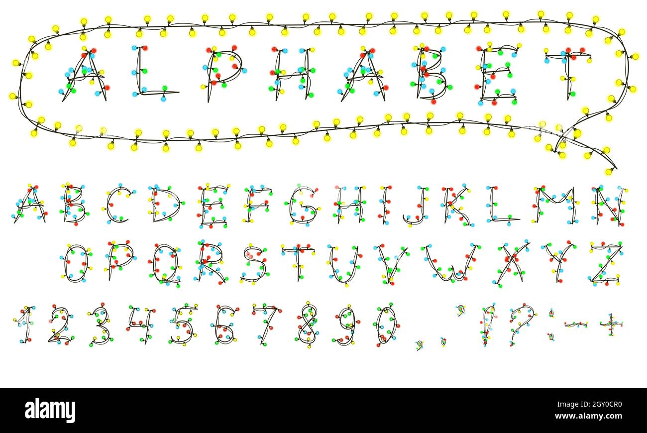 Latin alphabet with a garland isolated on white. Multi-colored light ...