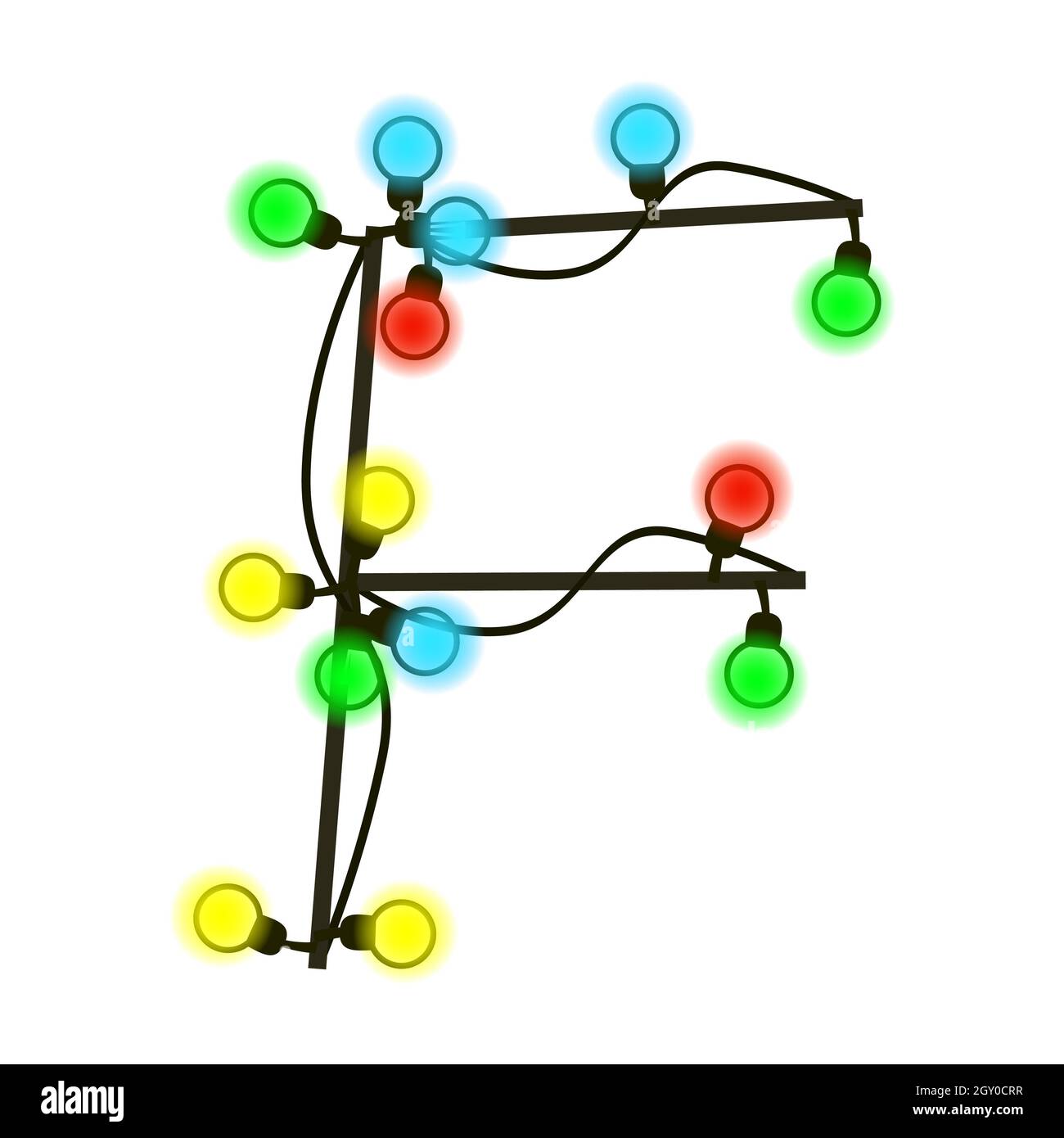 Capital letter F from garland isolated on white. Colored light bulbs on ...