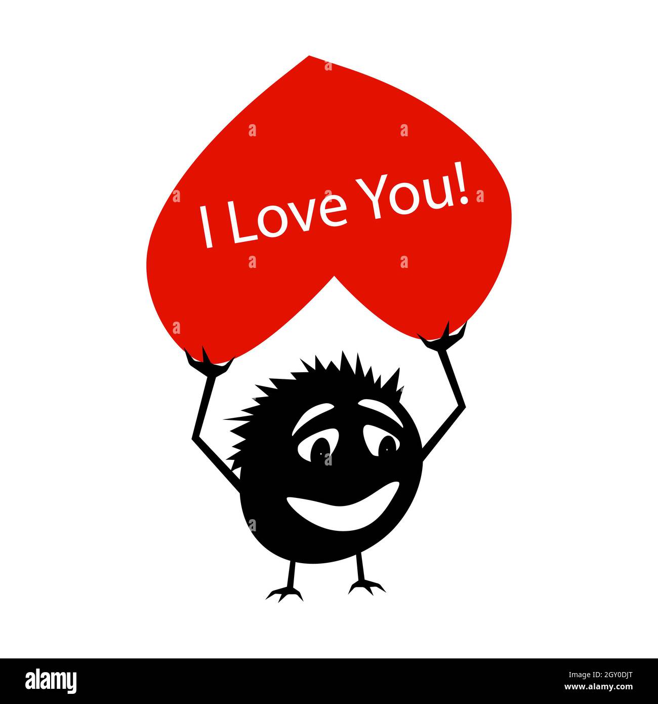 Silhouette of a funny little creature with a red heart in his hands ...