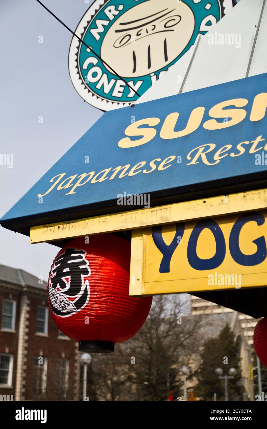 Storefront for a japanese restaurant with a red lantern Stock Photo - Alamy