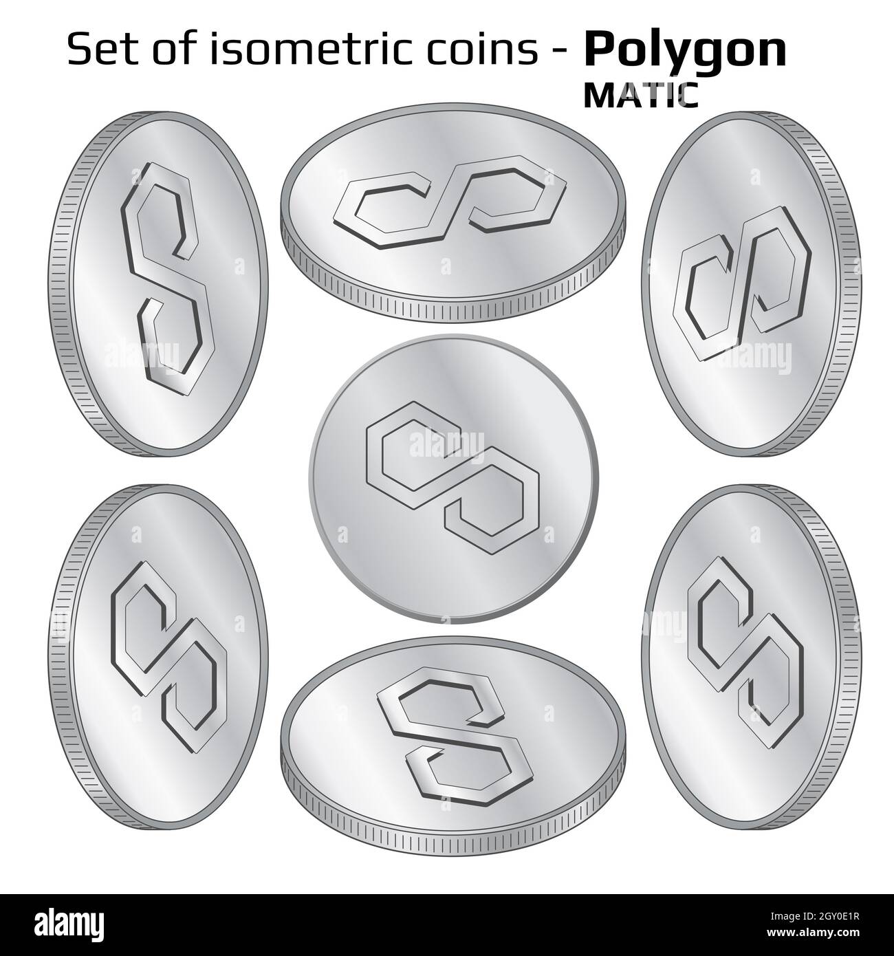 Set of coins Polygon MATIC in isometric view in black and white ...