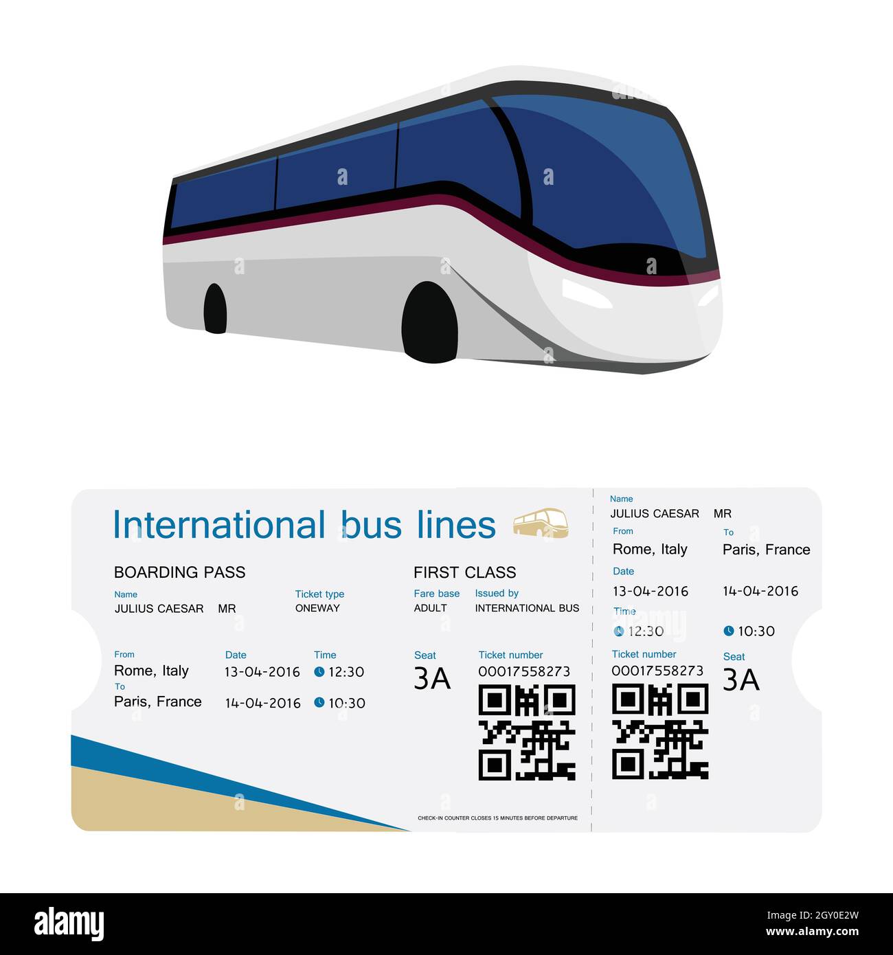 Vector illustration bus and boarding pass ticket template design ...