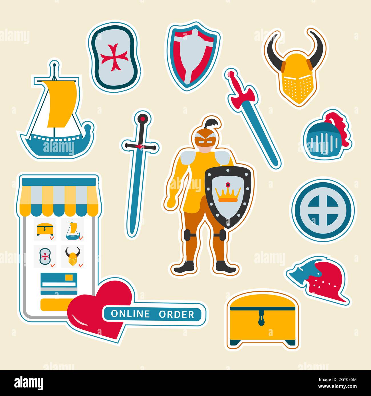 Vector illustration Stickers pack Online order Kid toys Knight, sword ...
