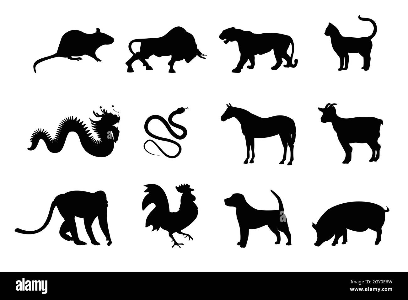 Chinese zodiac signs icons set. Rat snake dragon pig rooster cat horse ...