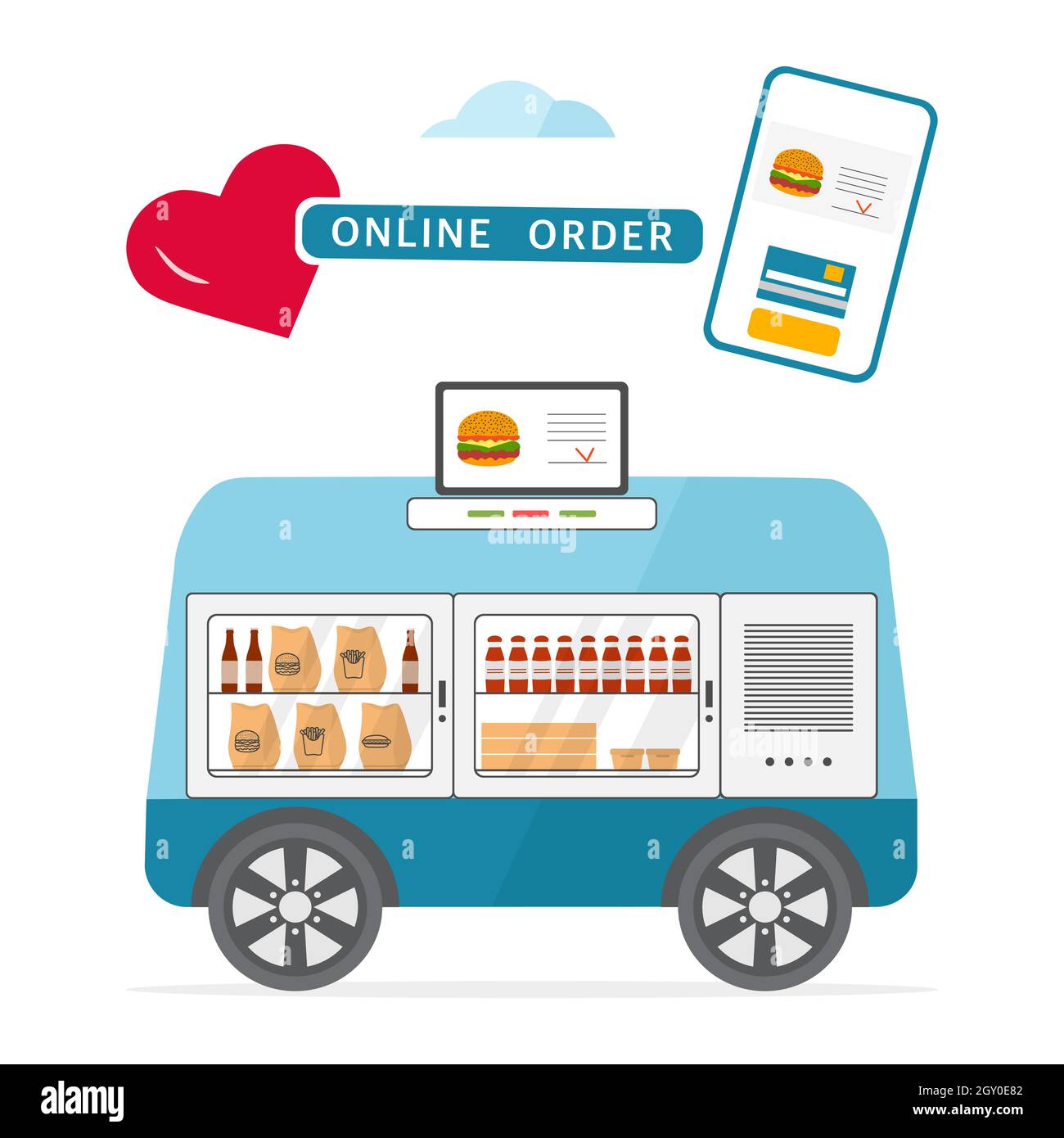 Vector illustration Fast food online order for delivery by self-driving ...