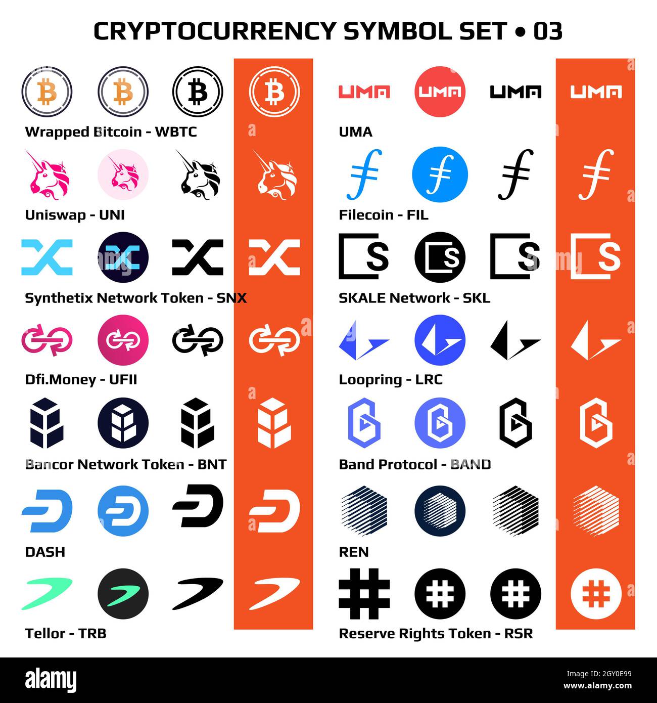 Set 03 of isolated cryptocurrency symbols, digital coins icons in monochrome and color. Vector ...