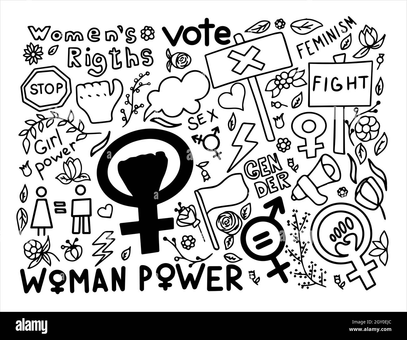 A Set Of Doodle Signs Of Feminism Women S Rights Grunge Hand Drawn