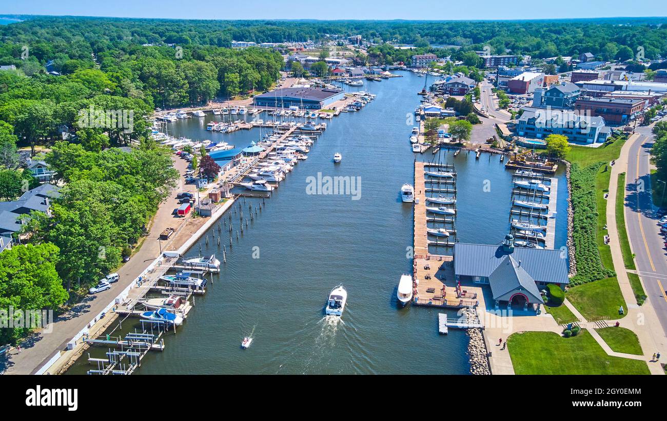 Aerial of river canal filled with boats in docks Stock Photo - Alamy